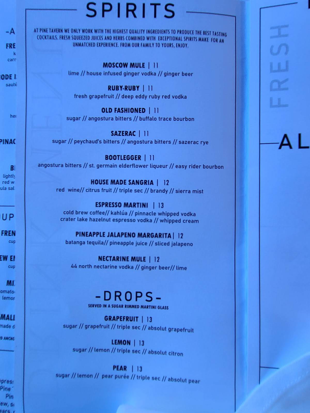 Menu at Pine Tavern Restaurant, Bend