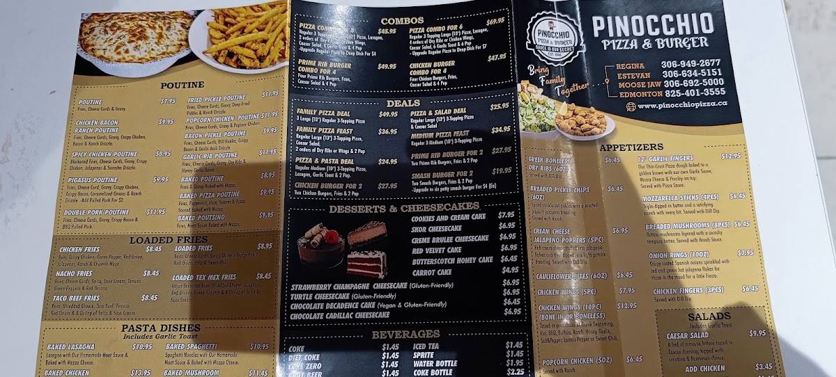 Menu au Pinocchio pizza & Burgers pizzeria, Edmonton