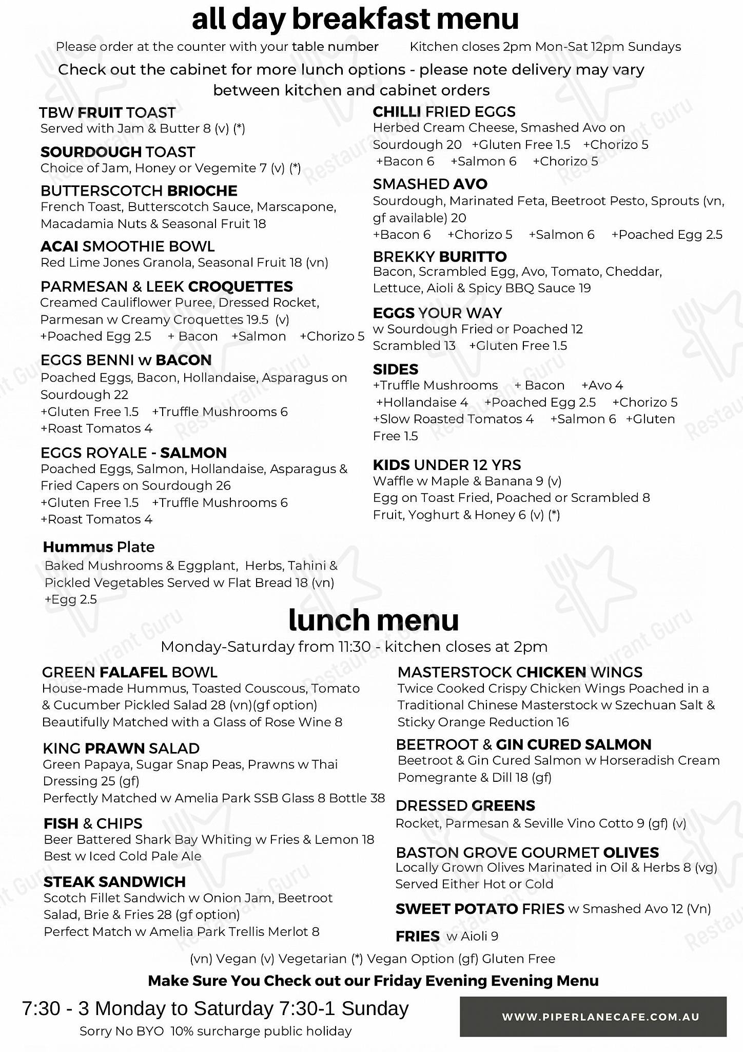 Menu at Piper Lane Cafe, Geraldton