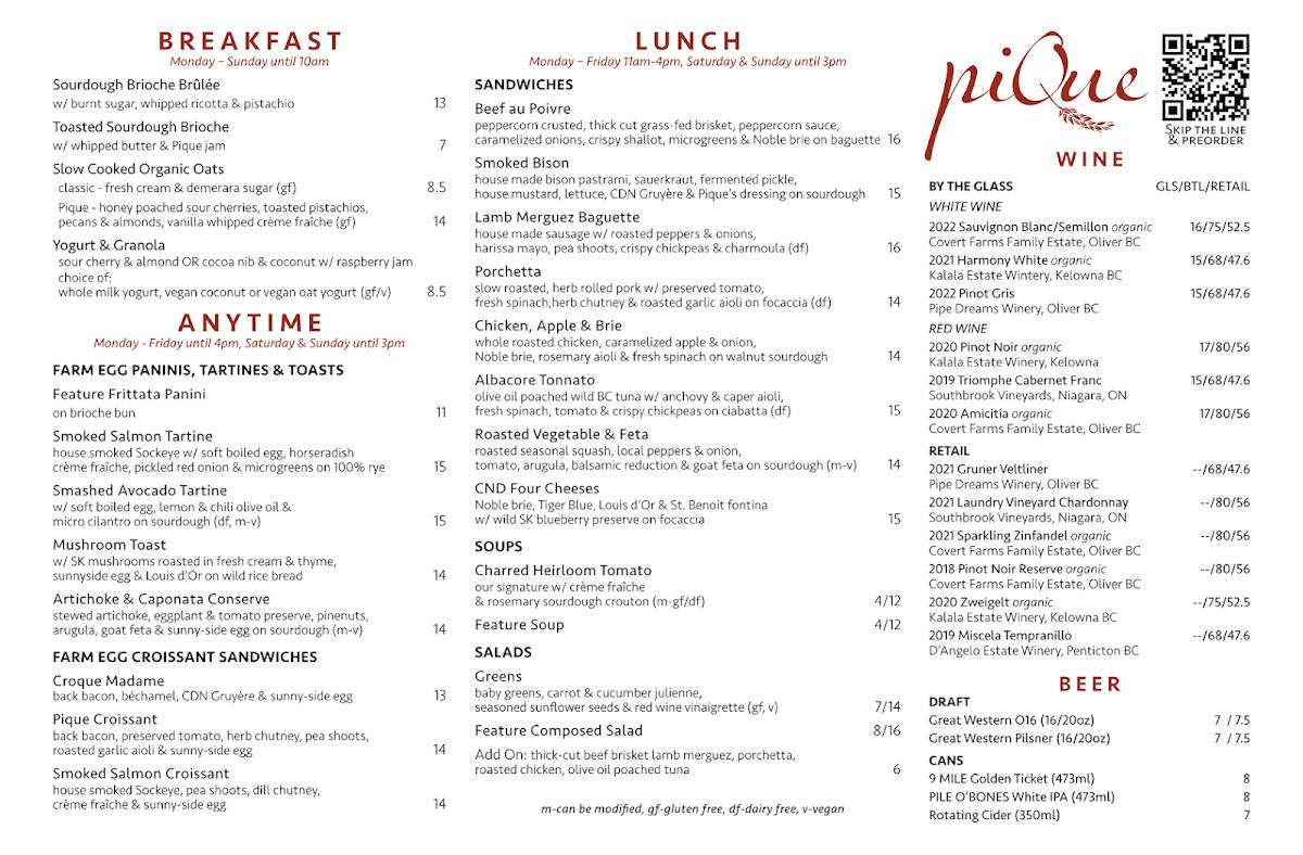 Menu at Pique cafe, Saskatoon