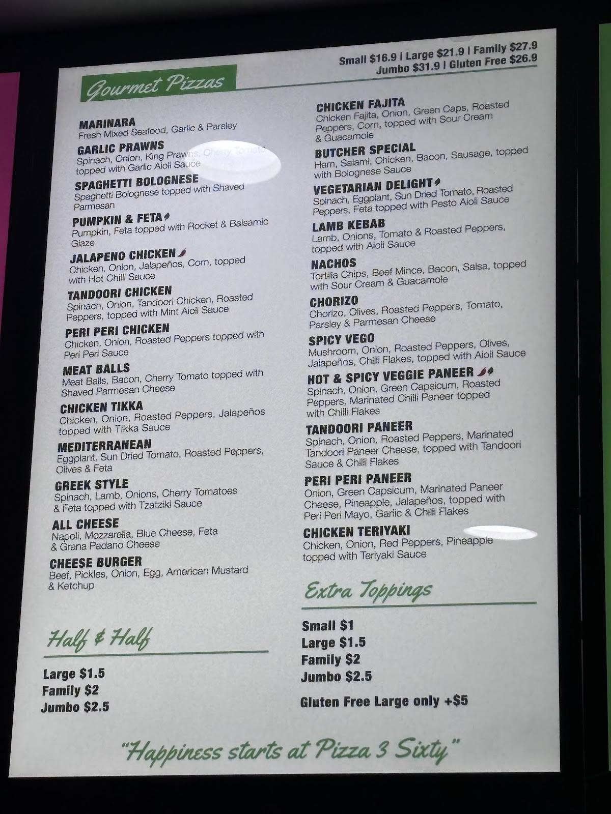 Menu at Pizza 3 Sixty restaurant, Mickleham
