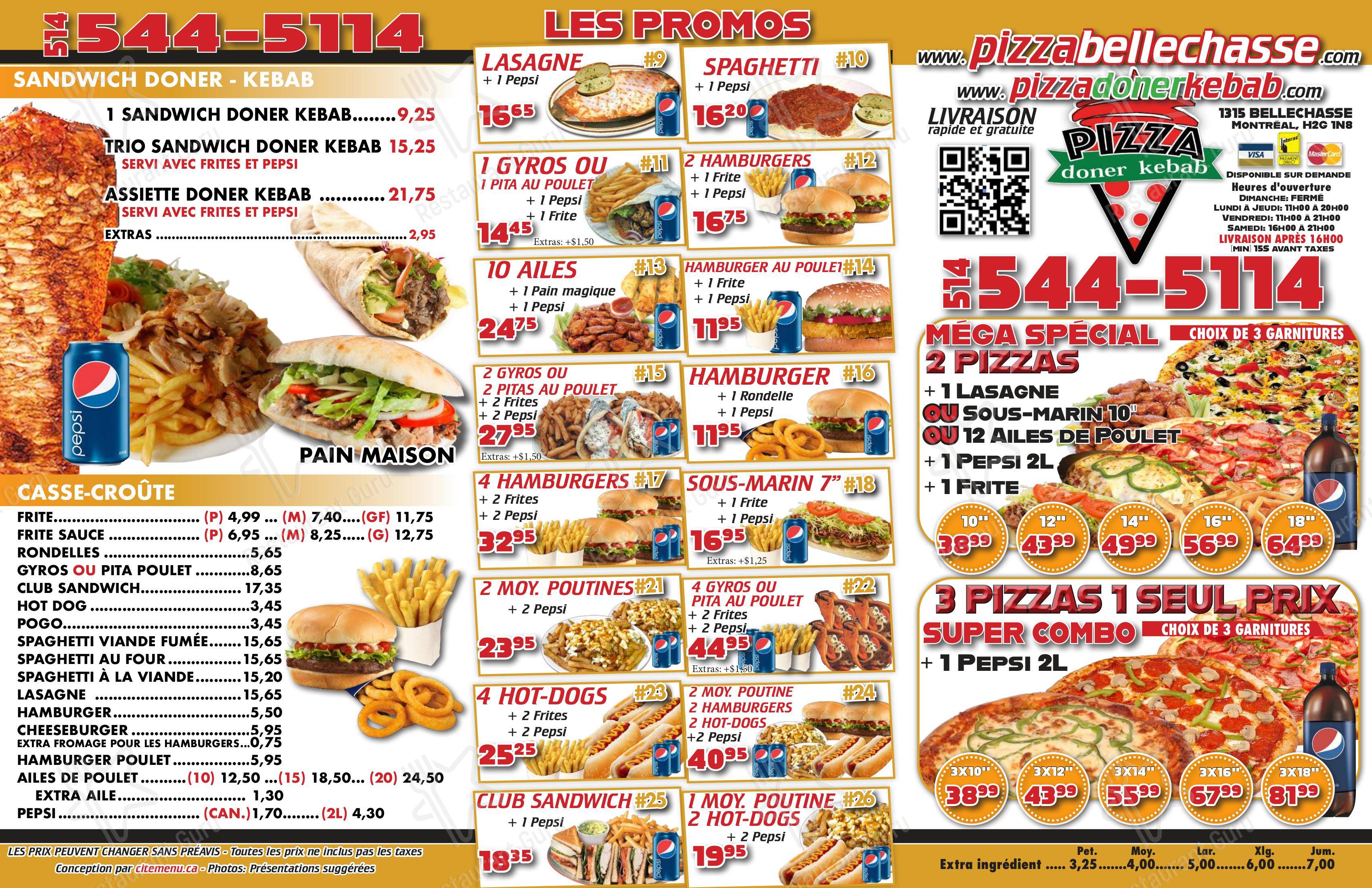 Menu at Pizza Doner Kebab restaurant, Montréal