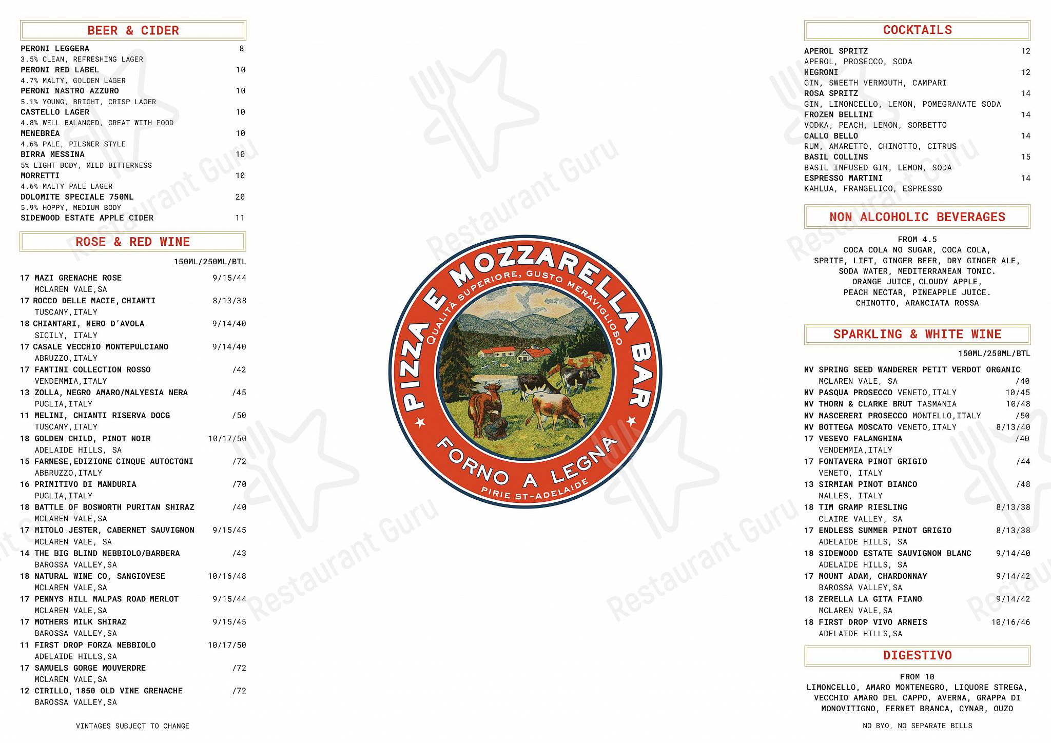 Menu at Pizza e Mozzarella Bar, Adelaide