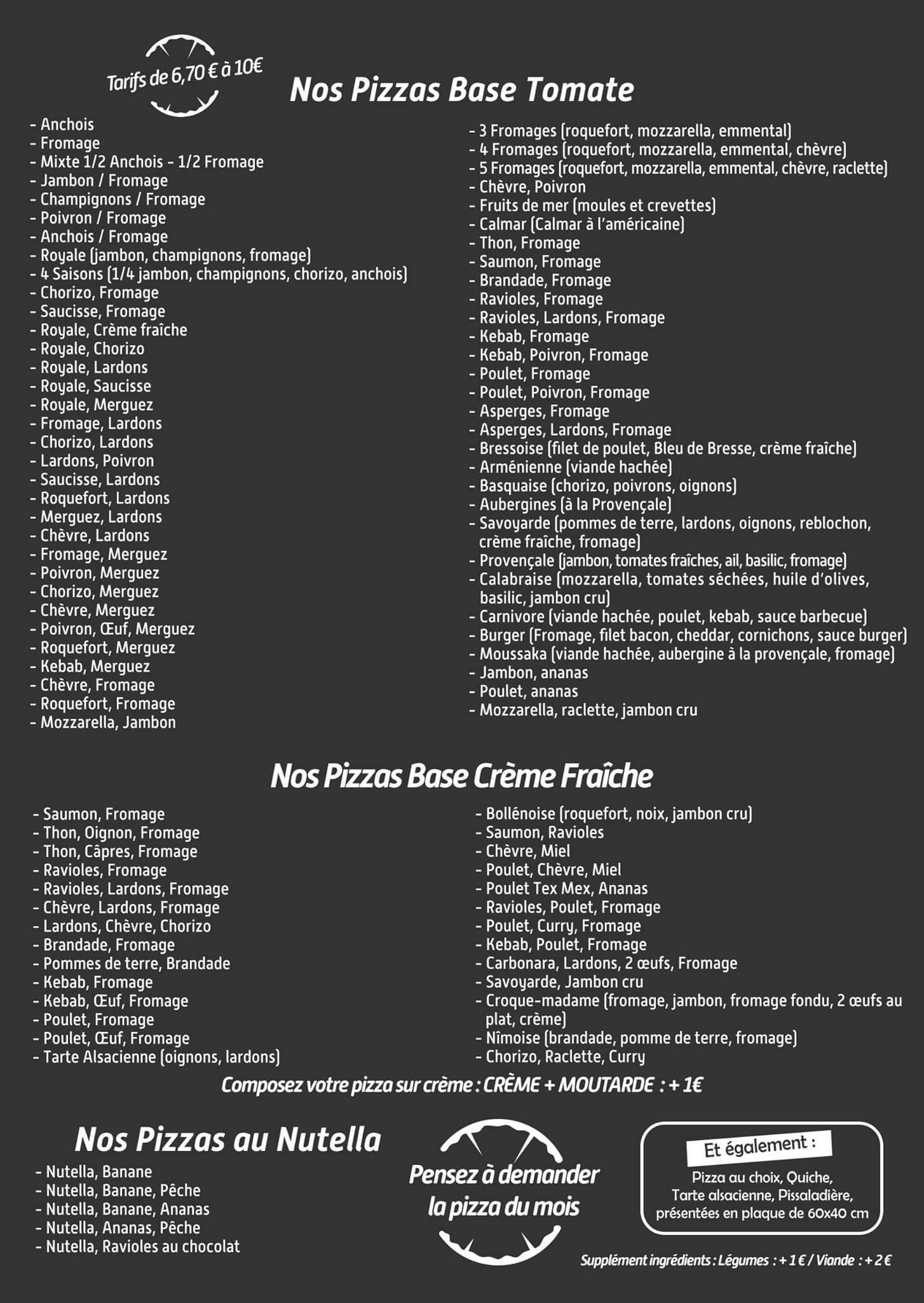 Menu au Pizza Jean-Pierre pizzeria, Bollène