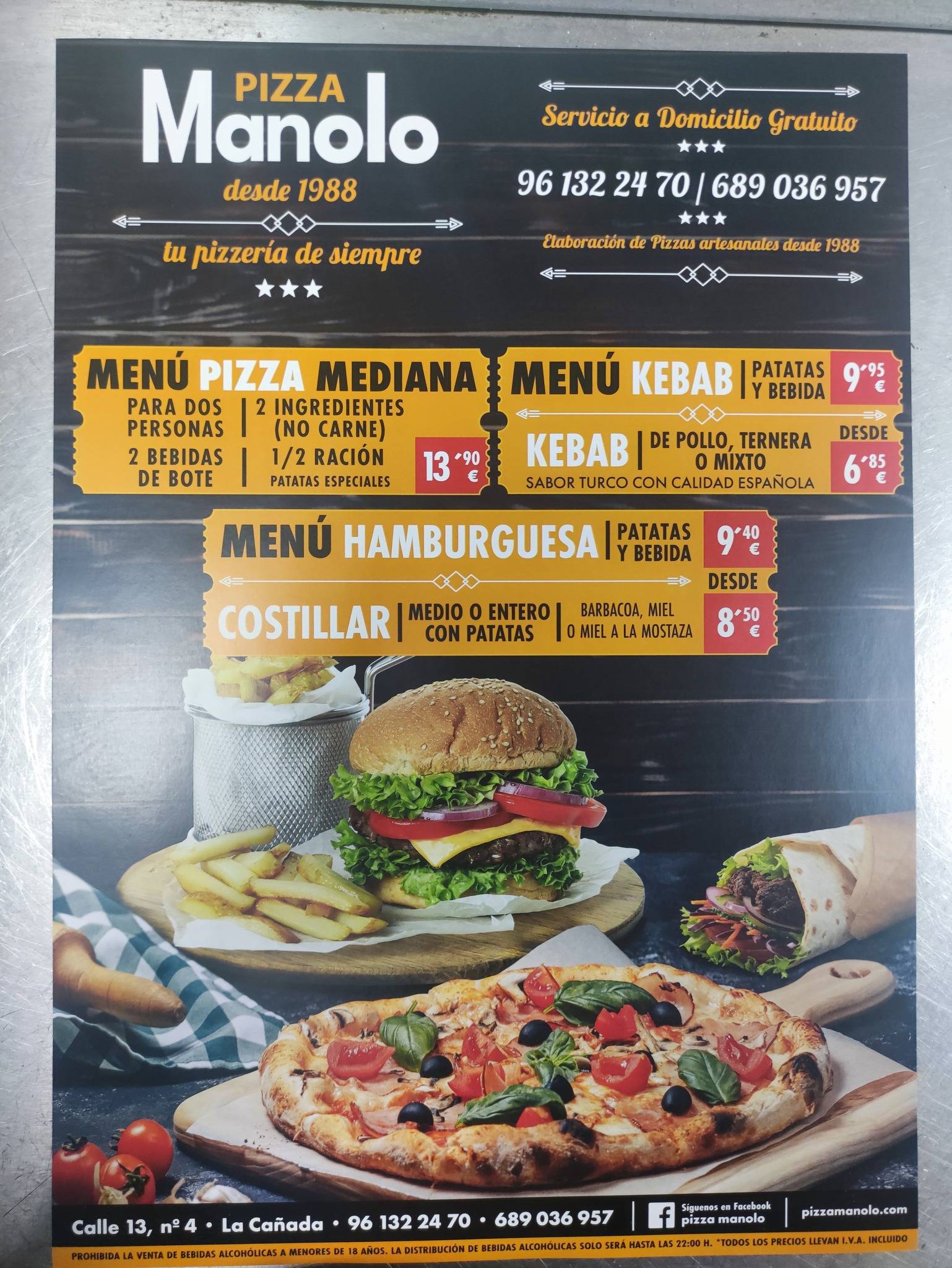Carta de pizzería Pizza Manolo, Cañada