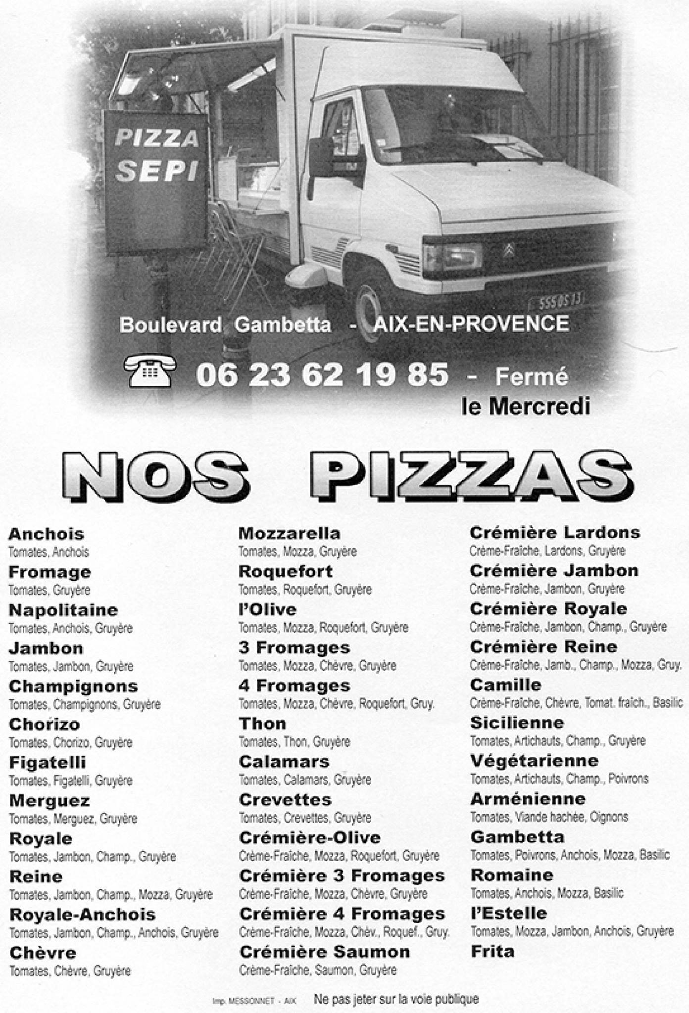 Menu at SEPI pizzeria, Aix-en-Provence