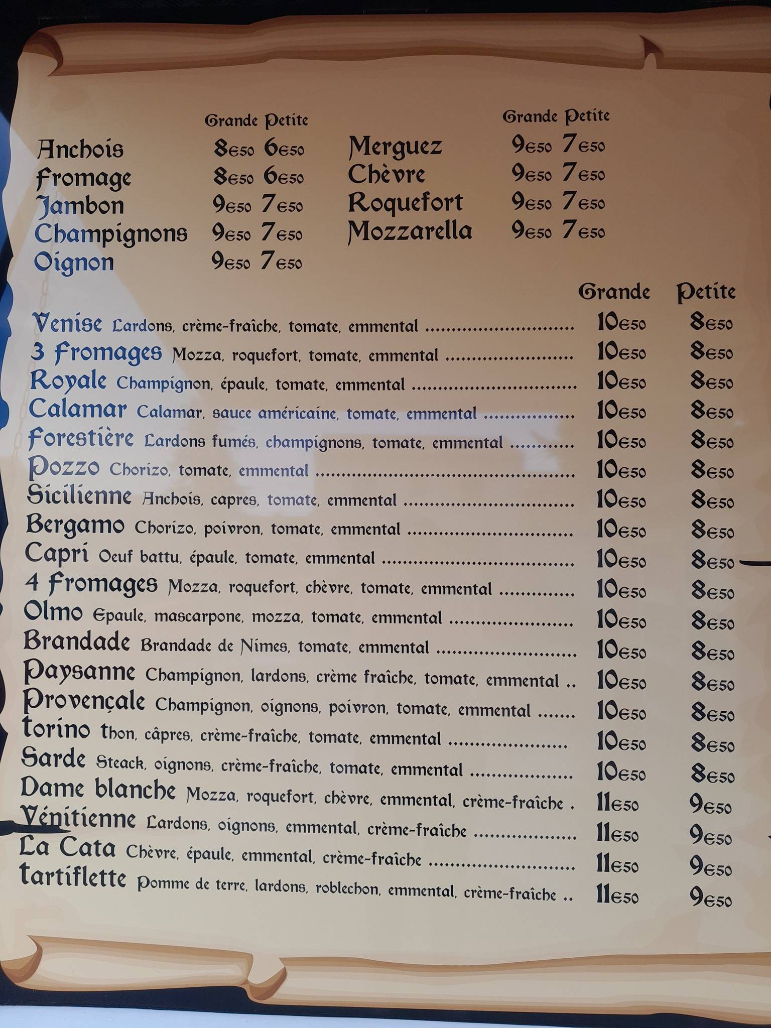 Menu au Pizza Thierry pizzeria, Châteaurenard