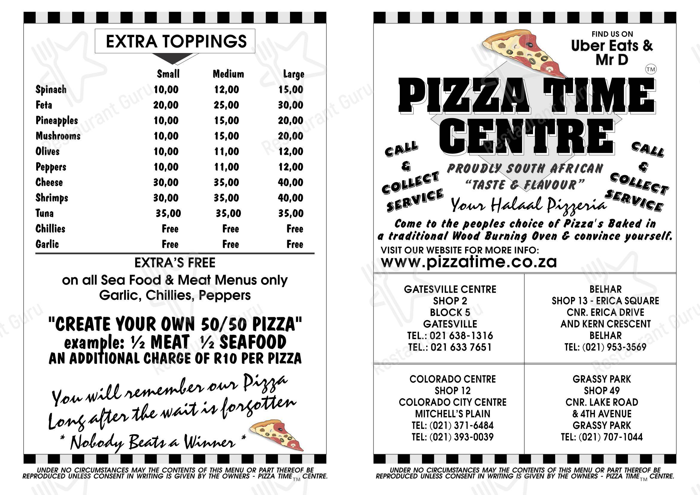 Menu at Pizza Time restaurant, Cape Town, Klipfontein Rd