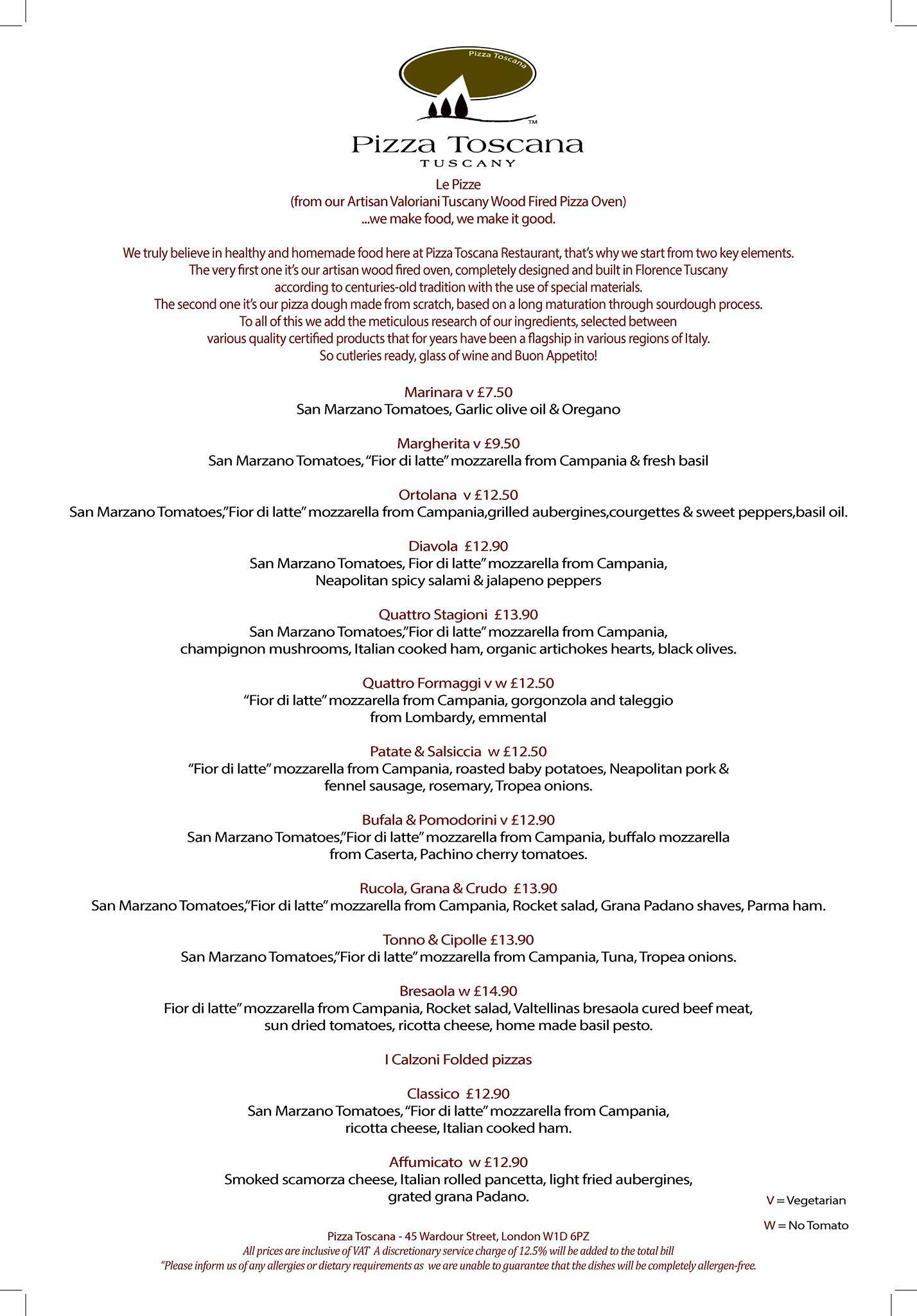 Menu at Pizza Toscana pizzeria, London, 45 Wardour Street