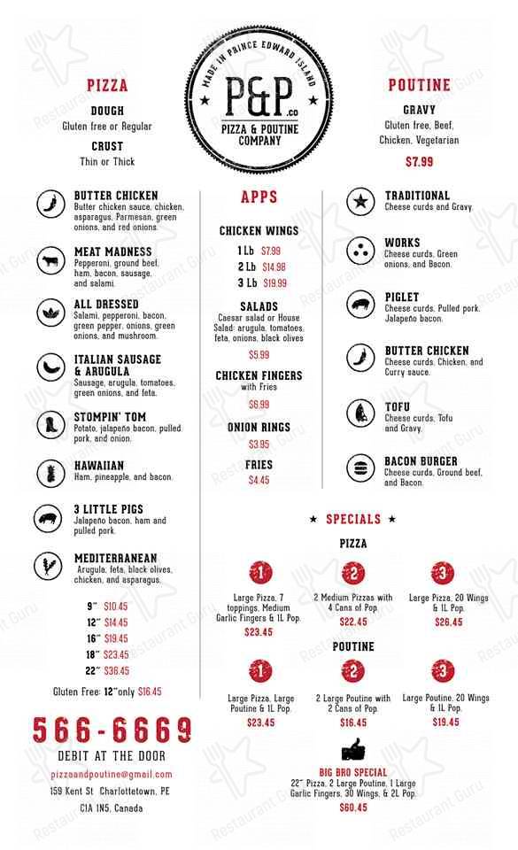 Menu at Pizza and Poutine Company pizzeria, Charlottetown