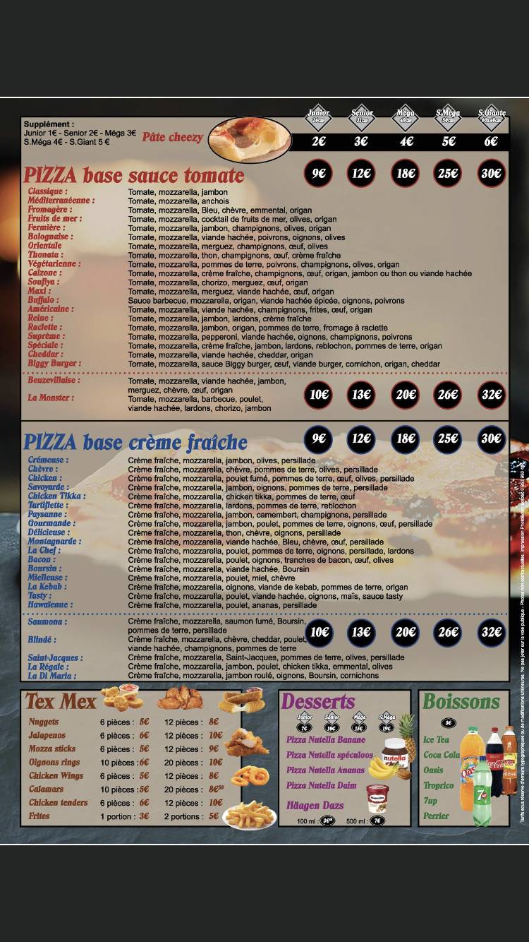 Menu au Pizza Tasty restaurant, Beuzeville