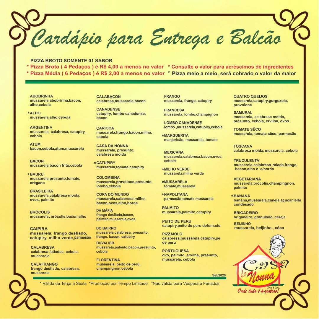 Menu em Pizzaria Casa da Nonna, Cruzeiro, Rua São Judas Tadeu 333