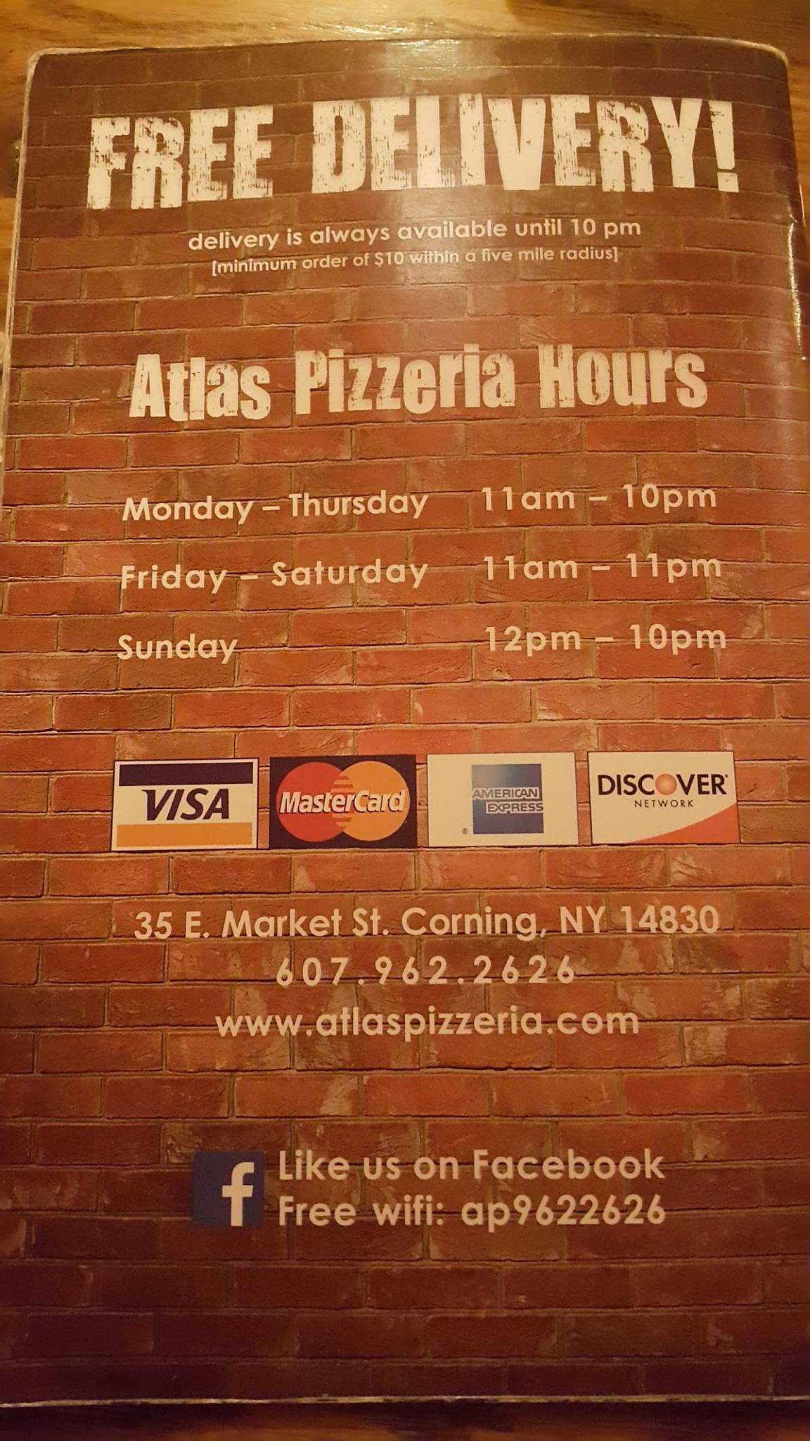 Menu at Atlas Brick Oven Pizzeria, Corning