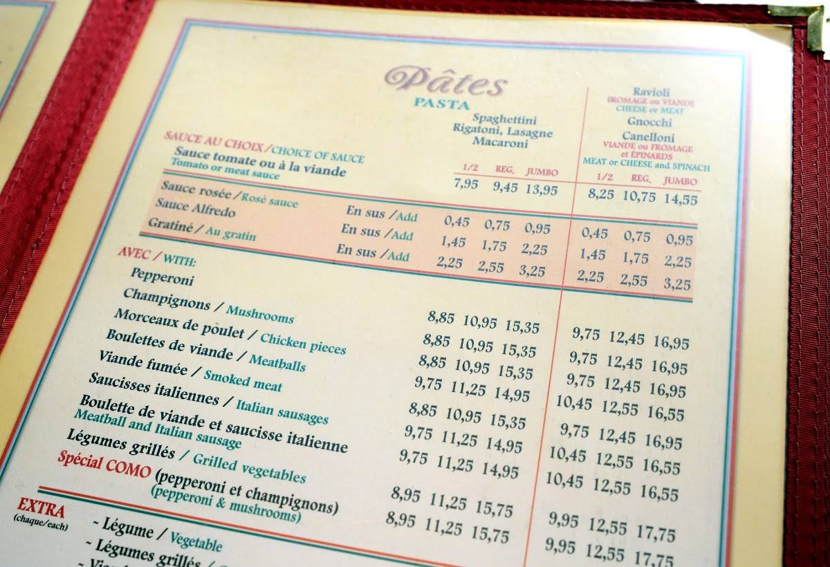 Menu au Como Pizzeria, La Prairie