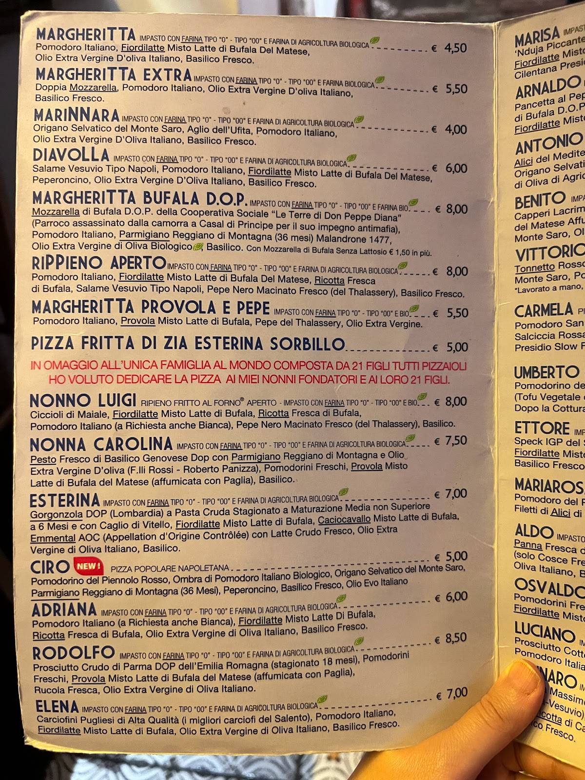 Menu at Gino e Toto Sorbillo pizzeria, Naples, Via dei Tribunali