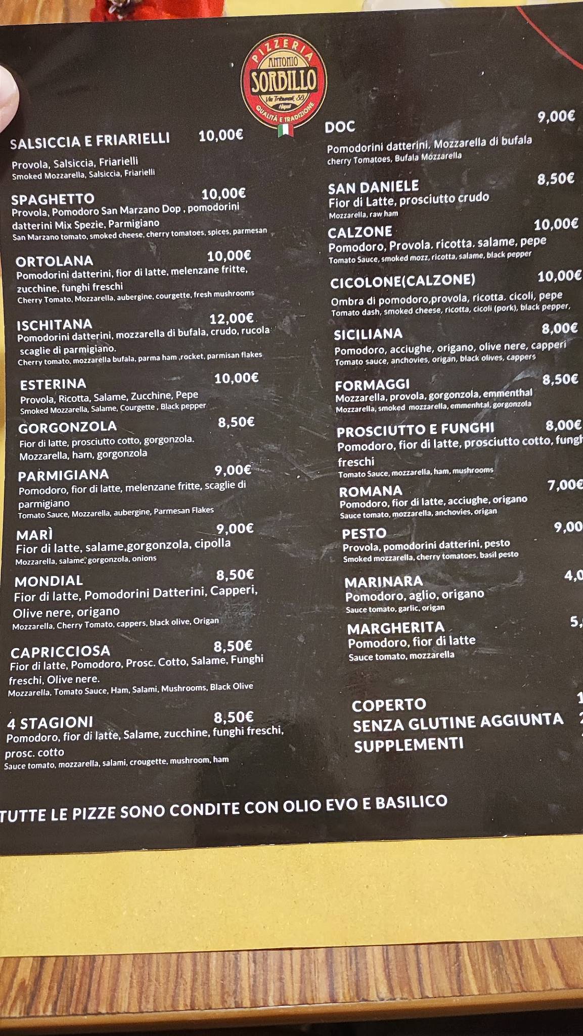 Menu at Gino e Toto Sorbillo pizzeria, Naples, Via dei Tribunali