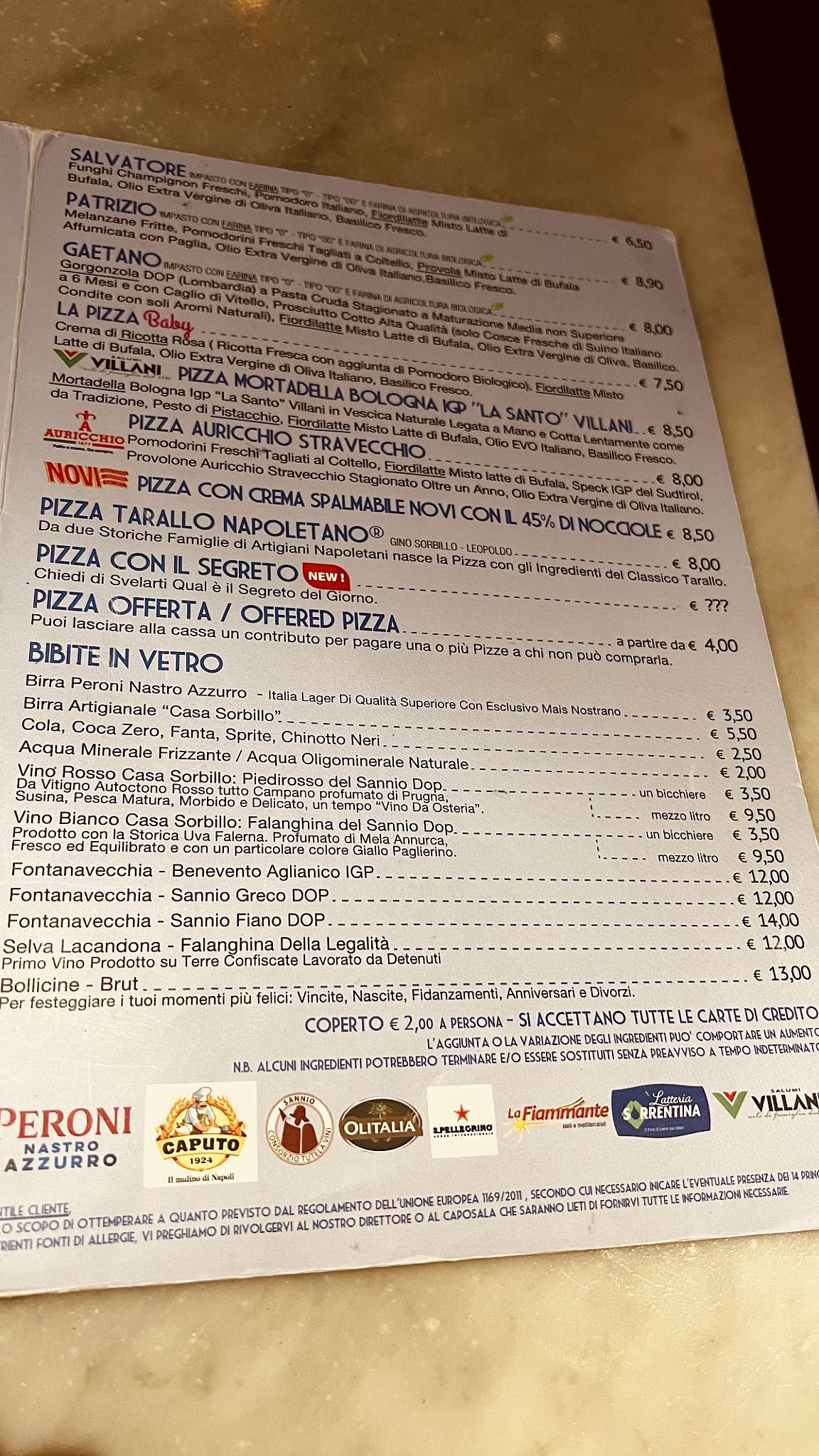 Menu at Gino e Toto Sorbillo pizzeria, Naples, Via dei Tribunali