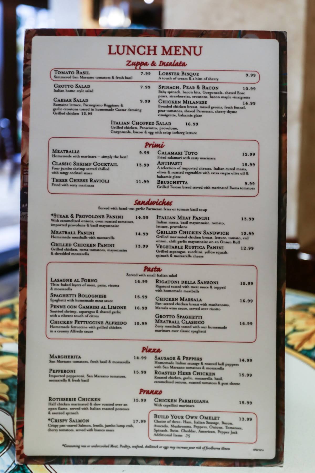 Menu at Grotto Ristorante pizzeria, Las Vegas