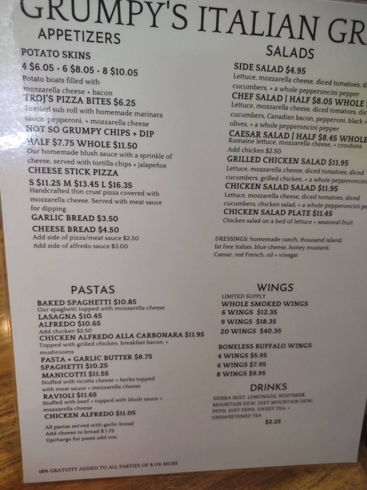 Menu at Grumpy's Italian Grill pizzeria, Cullman, 402 5th St SW