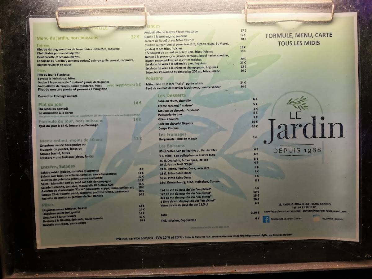 Menu at Le Jardin pizzeria, Cannes