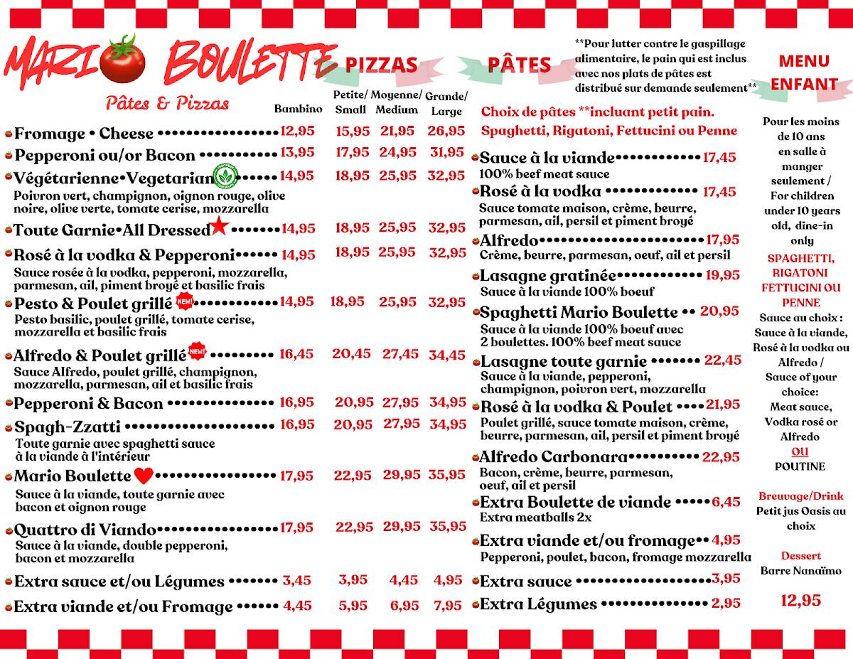 Menu au Mario Boulette Pâtes & Pizzas pizzeria, Châteauguay