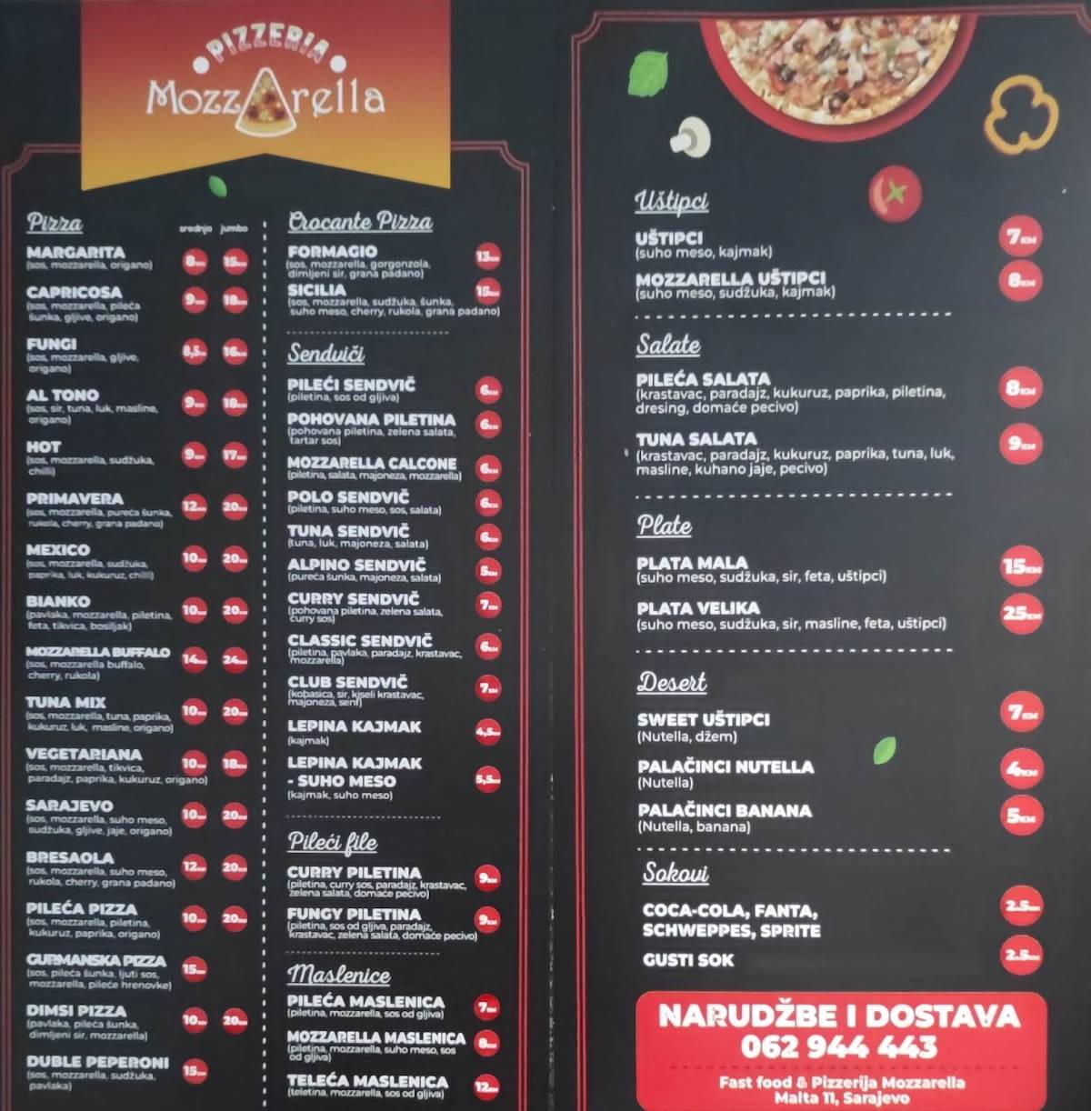 Carta de Pizzeria Mozzarella, Sarajevo