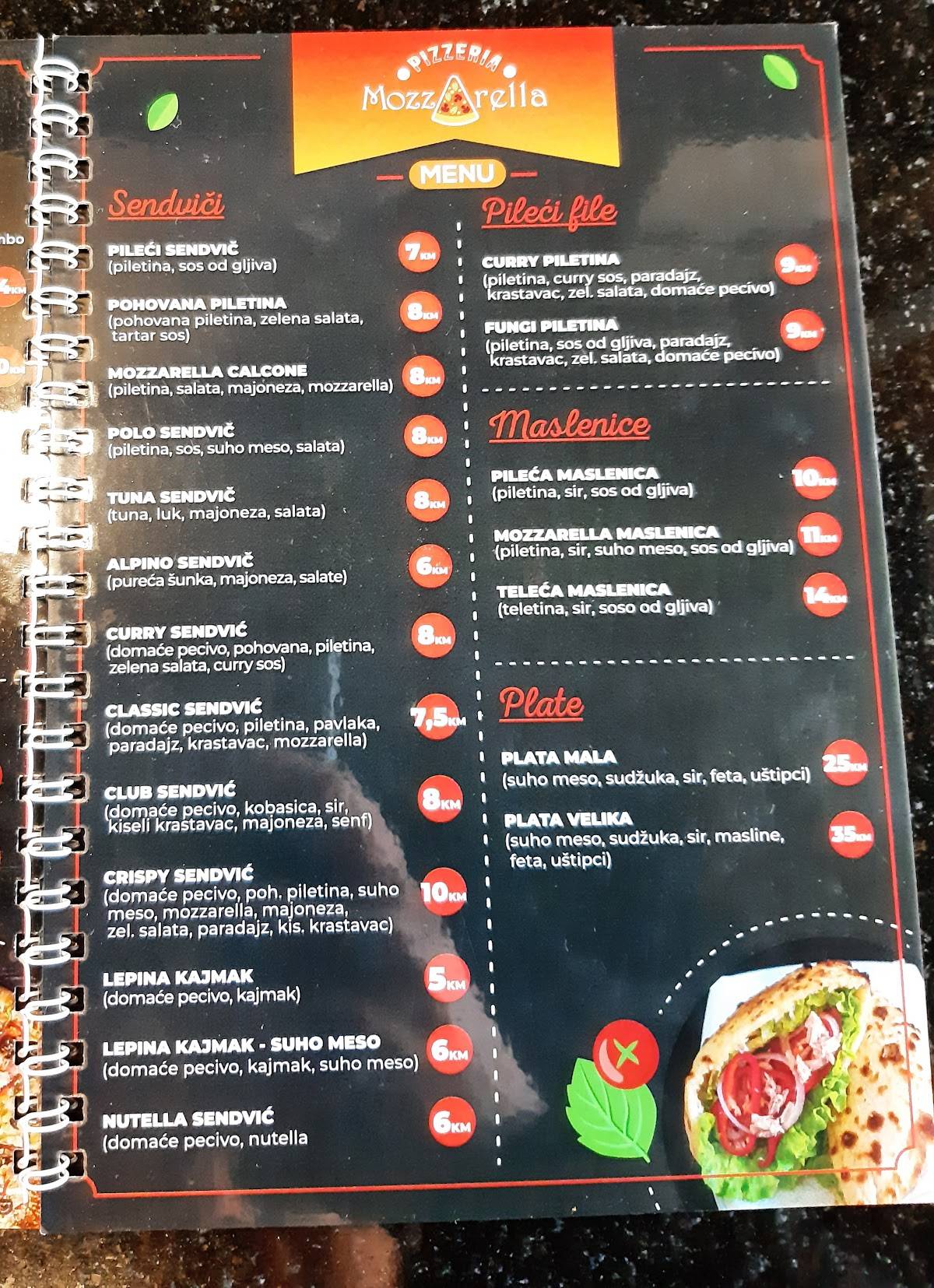 Menu at Pizzeria Mozzarella, Sarajevo