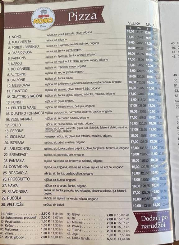 Menu at Pizzeria Nono, Poreč