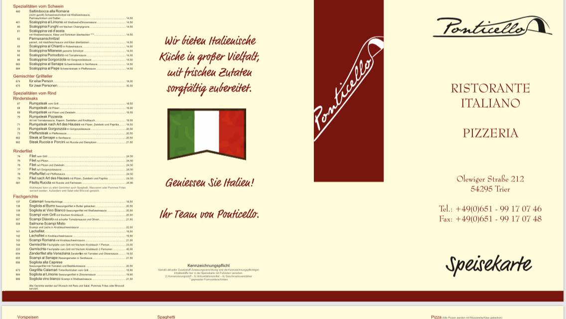 Speisekarte von Ristorante Pizzeria Ponticello, Trier