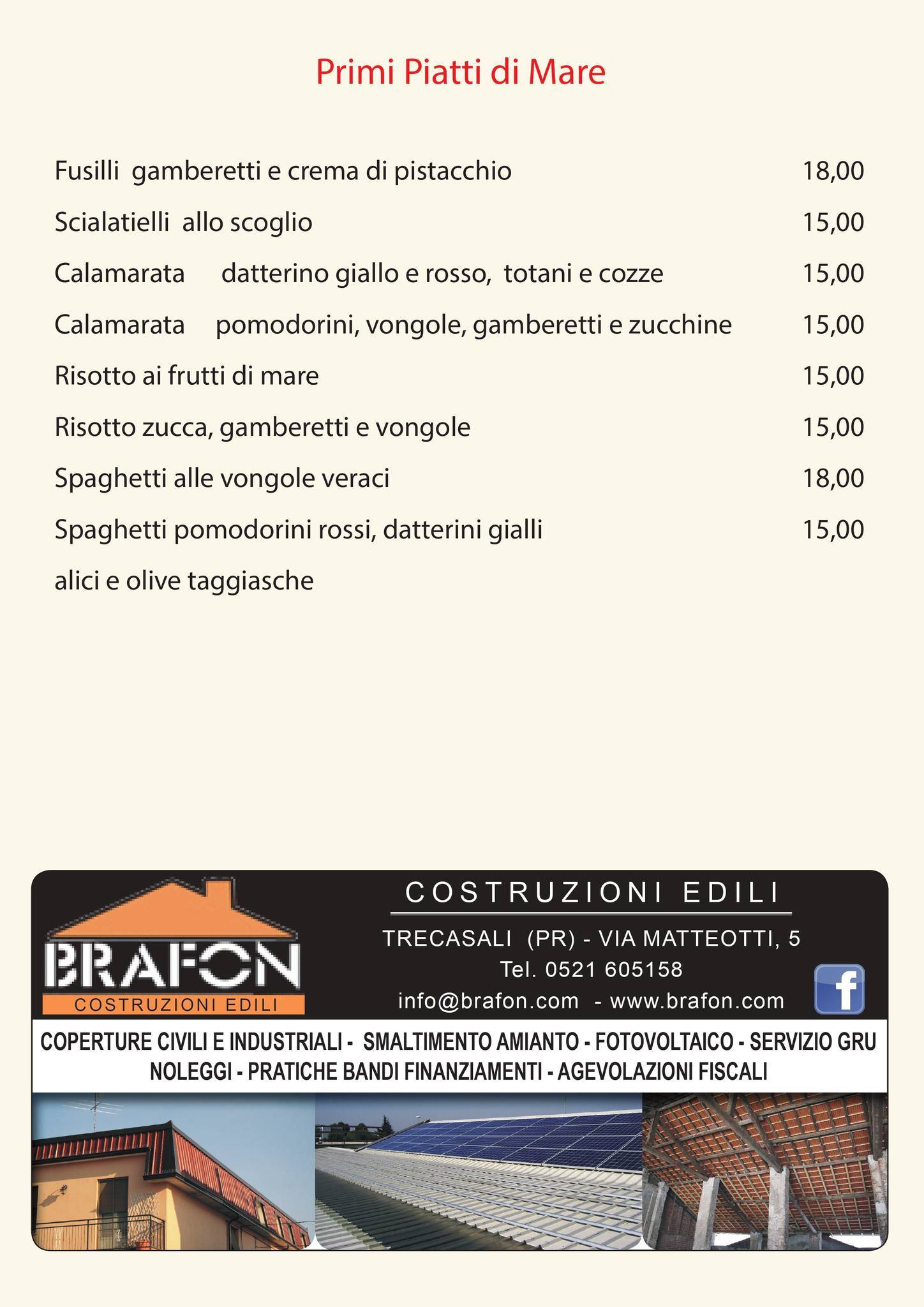 Menu da Tramonti 2 pizzeria, Parma