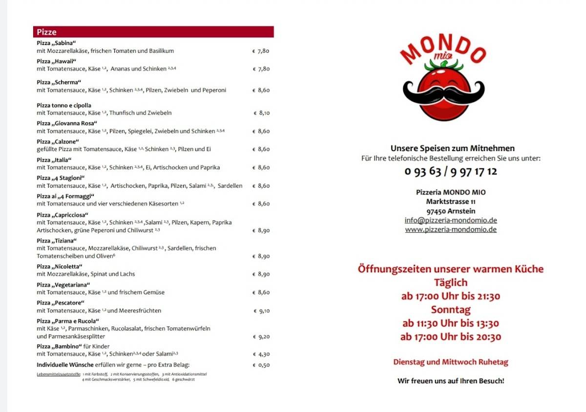 Speisekarte von Mondo Mio pizza, Arnstein