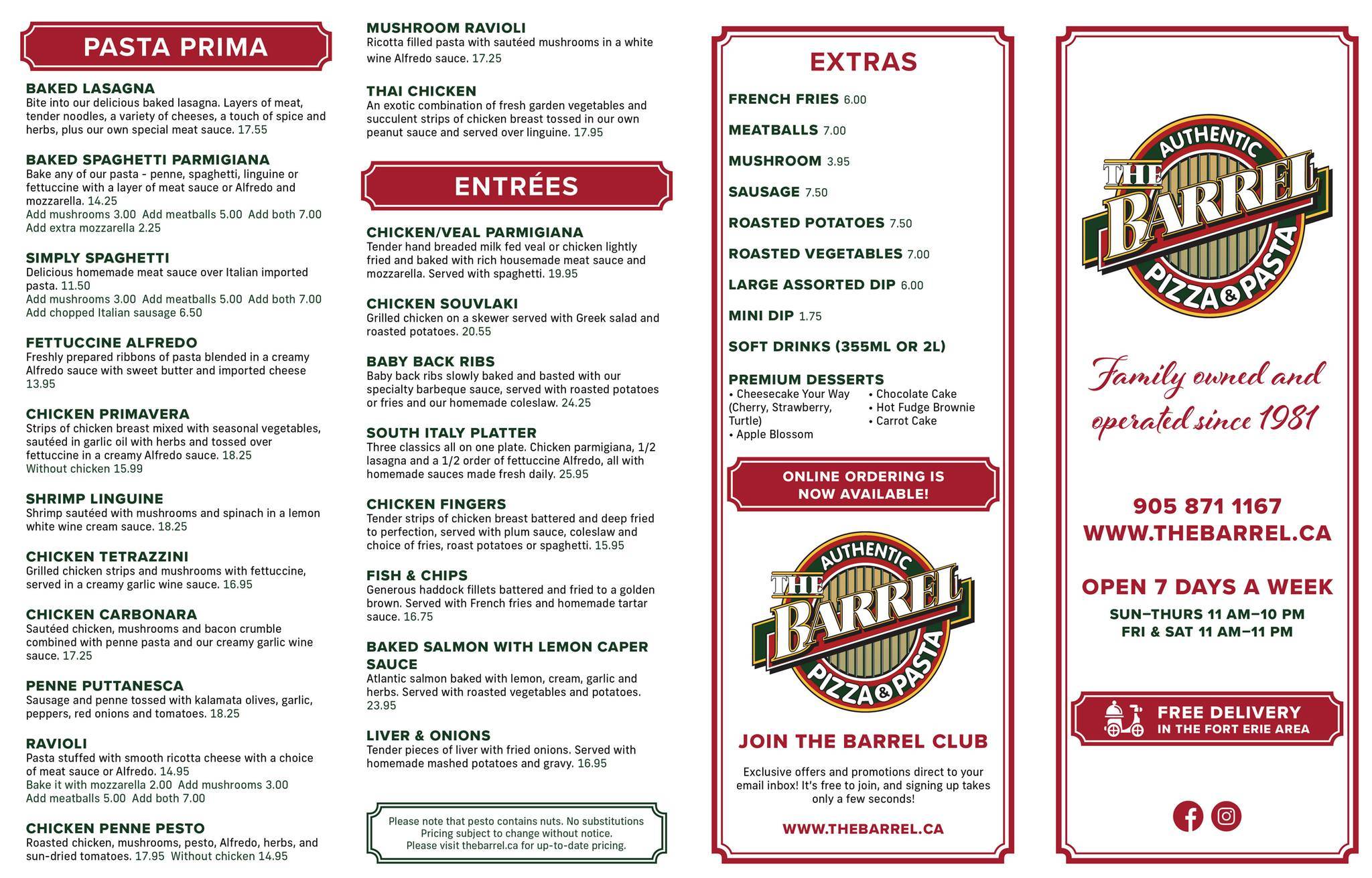 Menu at The Barrel Restaurant, Fort Erie, 224 Garrison Rd