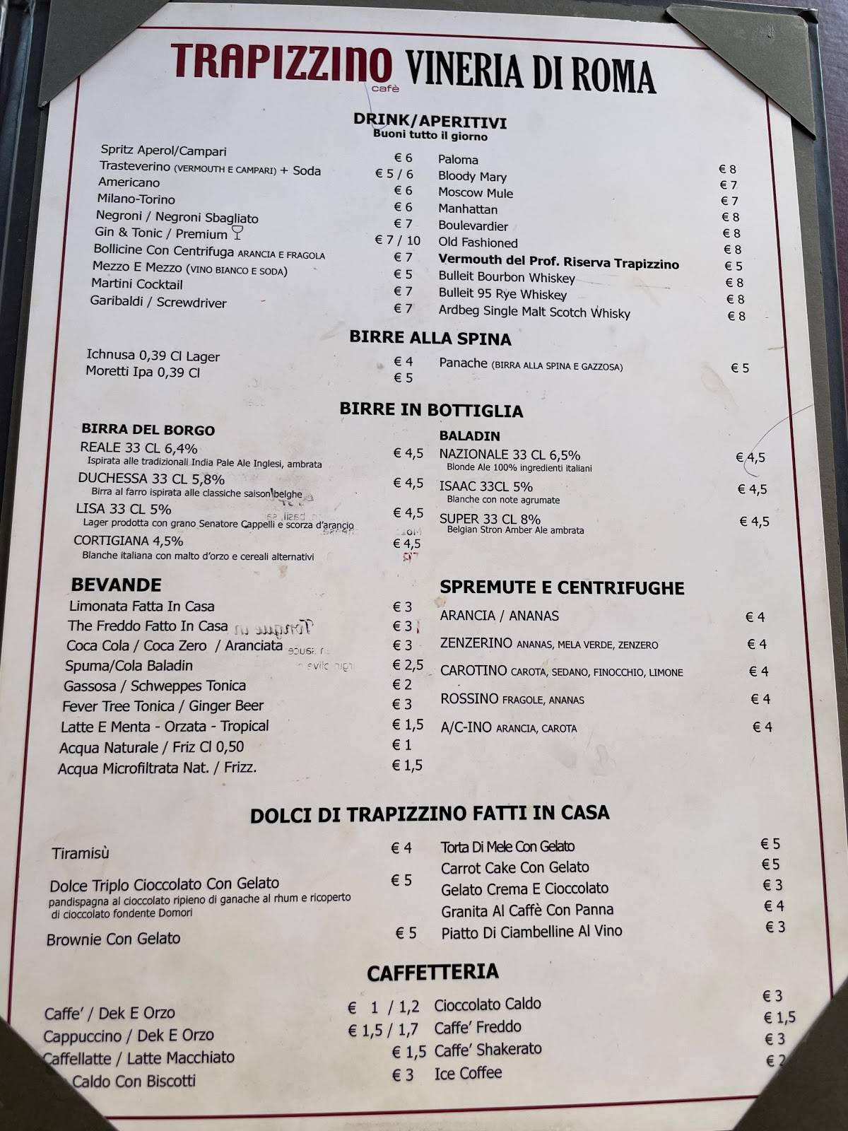 Carta de pizzería Trapizzino Trastevere, Roma, Piazza Trilussa