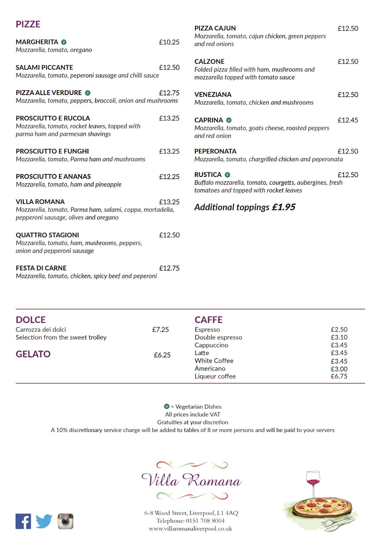 Menu at Villa Romana - Italian Restaurant Liverpool, Liverpool