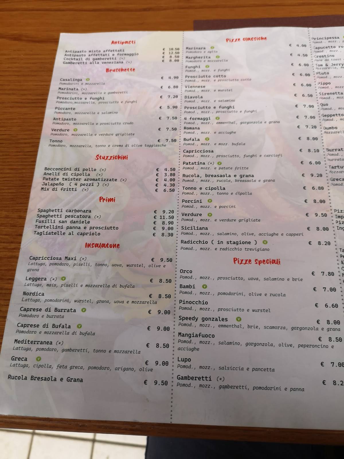 Menu da Pizzeria alla Favola, Sacile