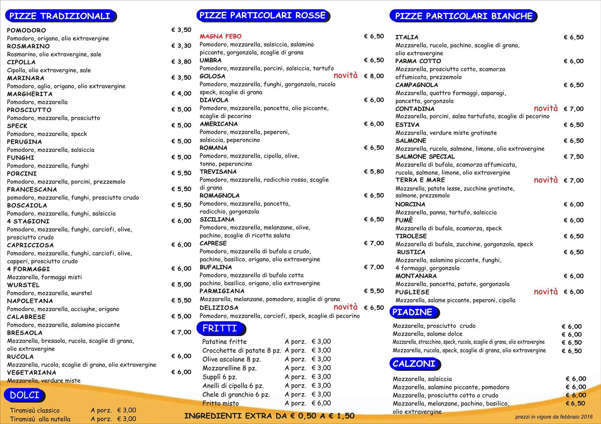 Menu da Pizzeria Magna Febo • € •, Perugia