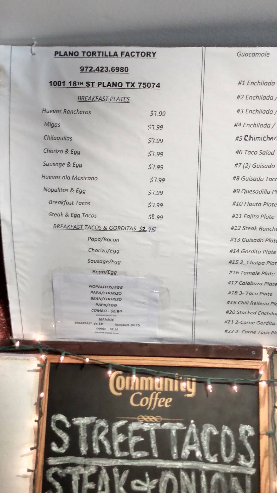 Menu at Plano Tortilla & Tamale Factory restaurant, Plano
