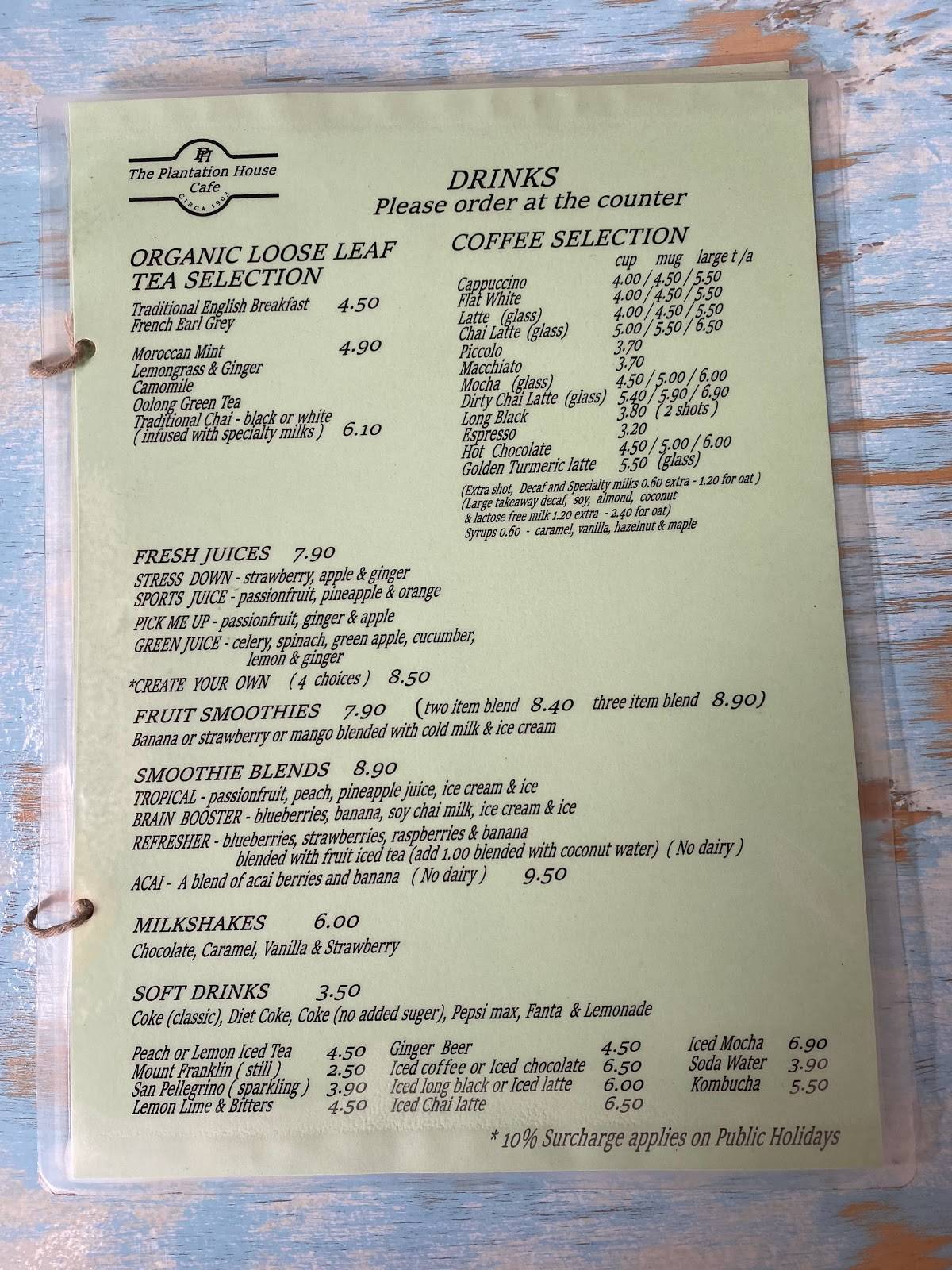 Menu at Plantation House Cafe, Burleigh Heads