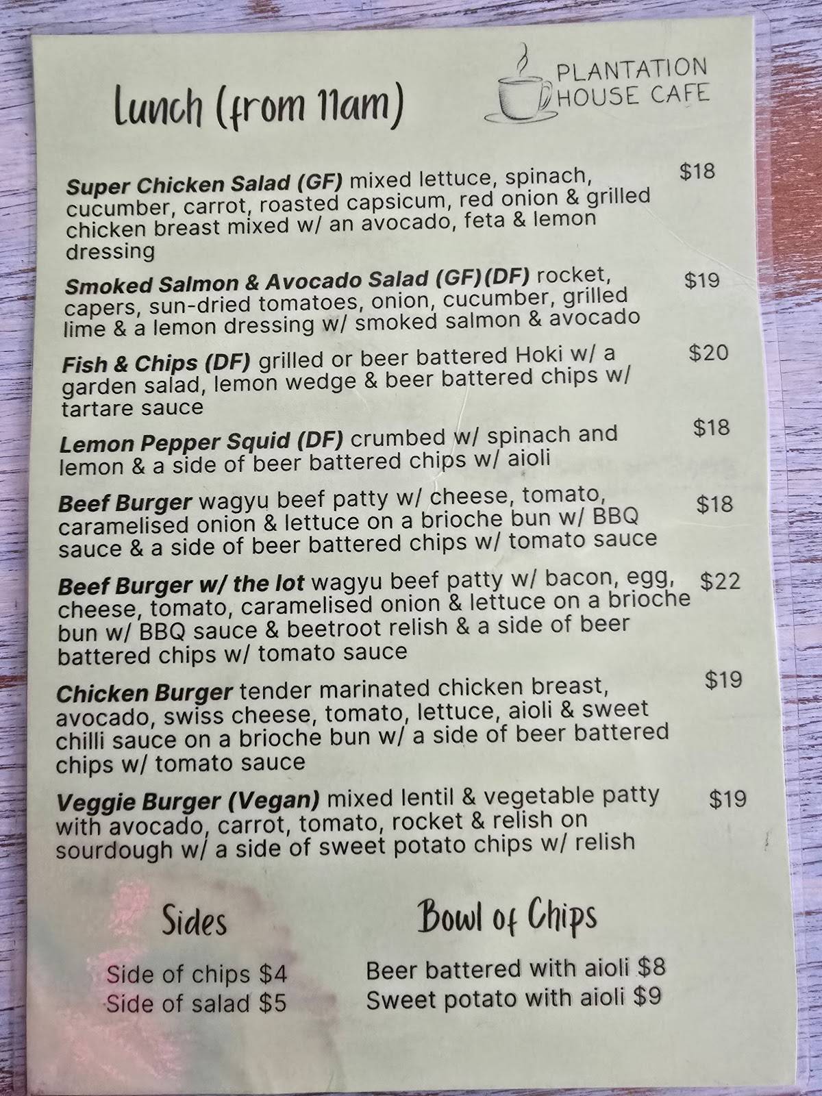 Menu at Plantation House Cafe, Burleigh Heads