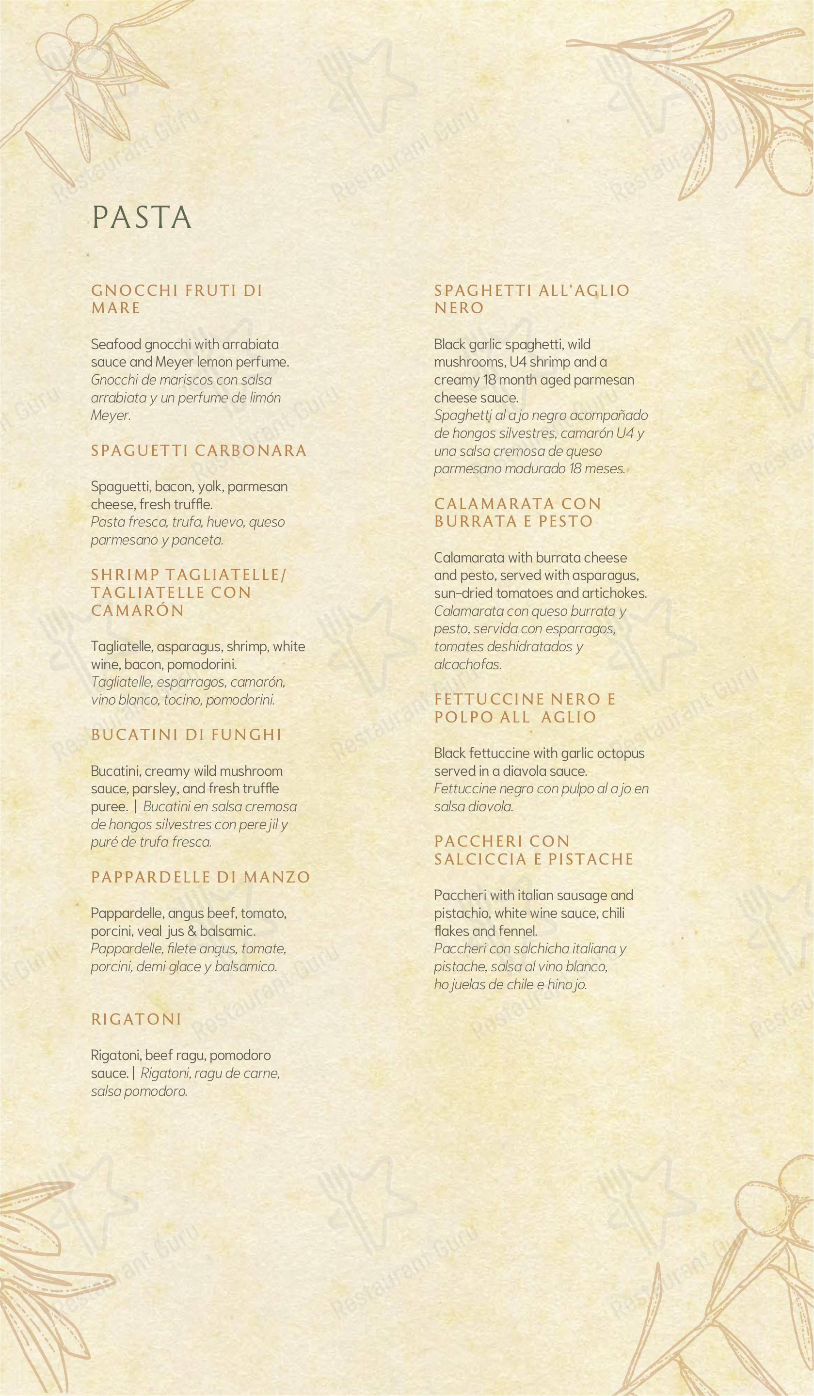 Carta del restaurante Cello, Playa del Carmen
