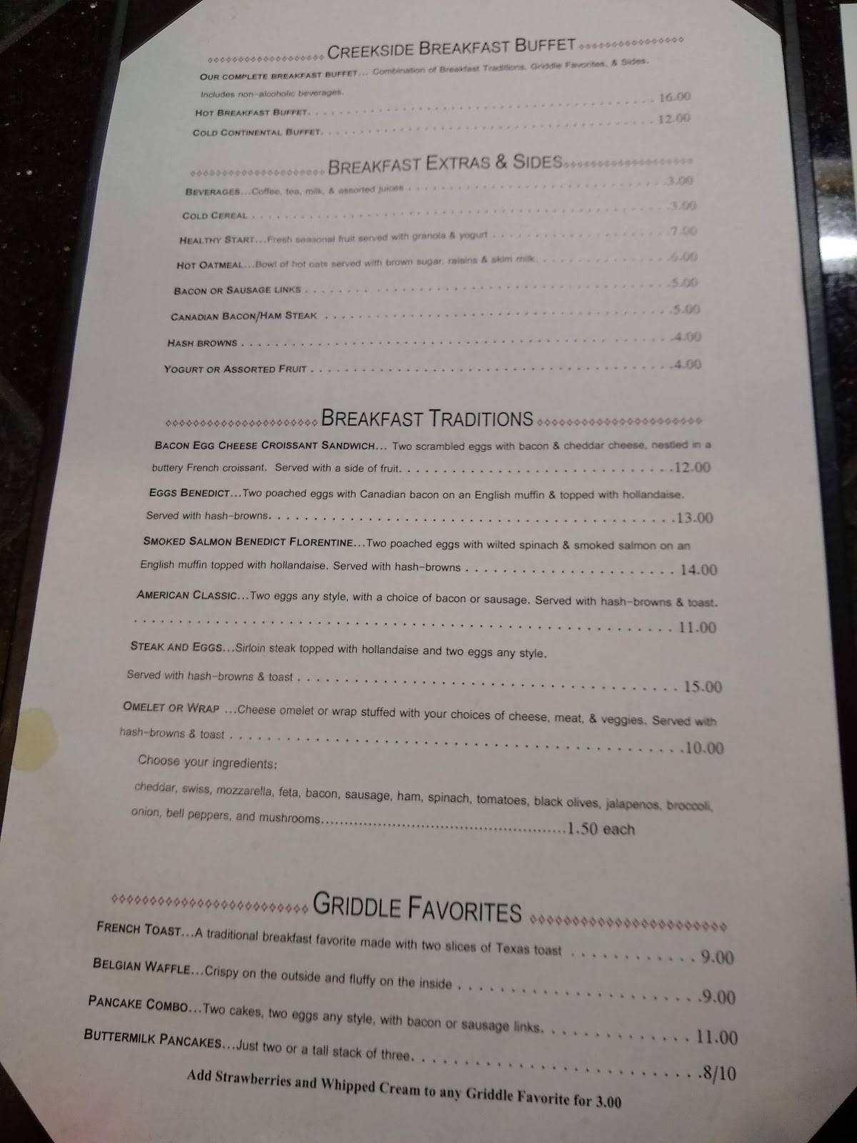 Menu at Creekside Cafe, Plymouth