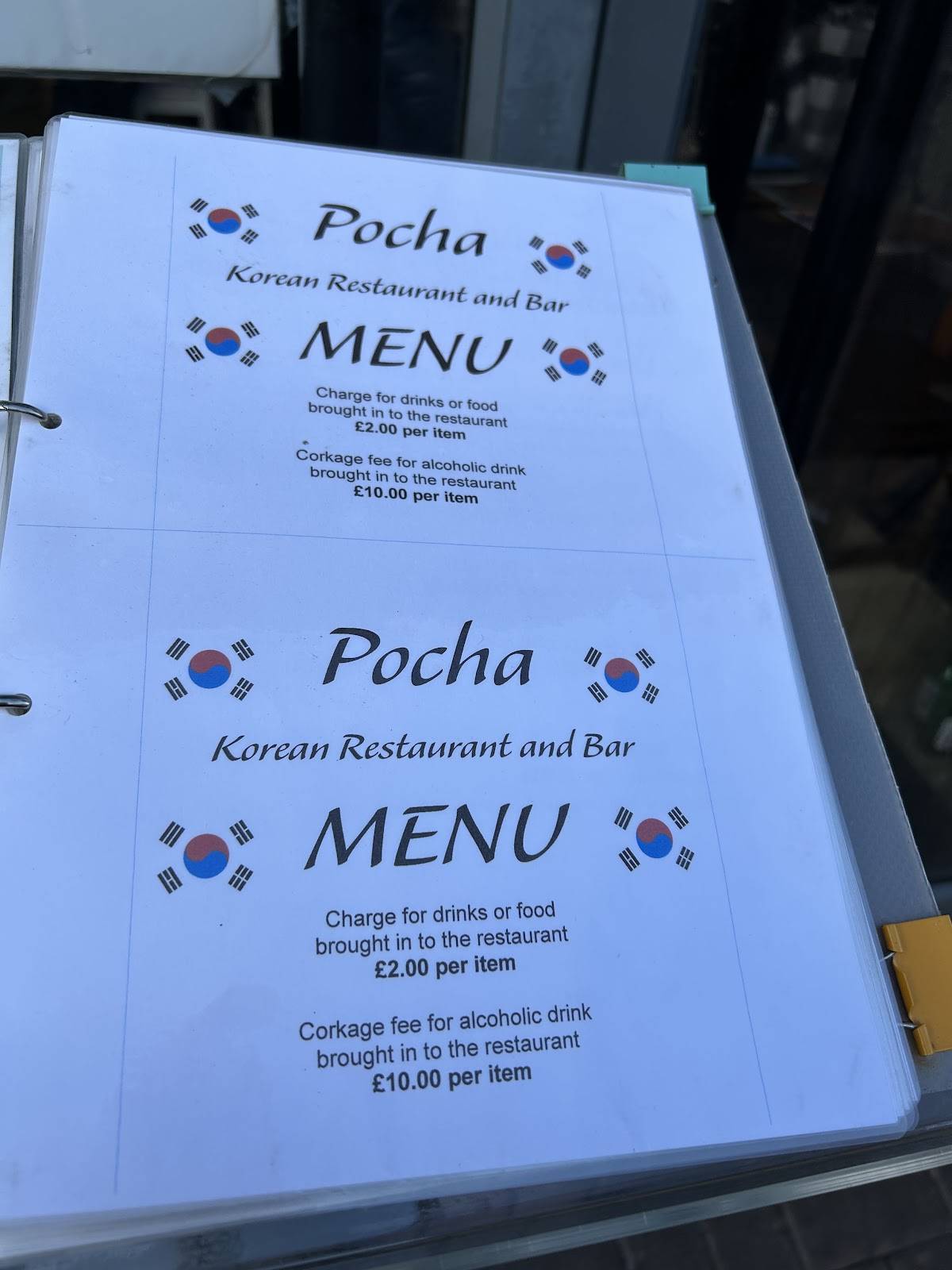 Menu at Pocha Korean Restaurant, Sheffield