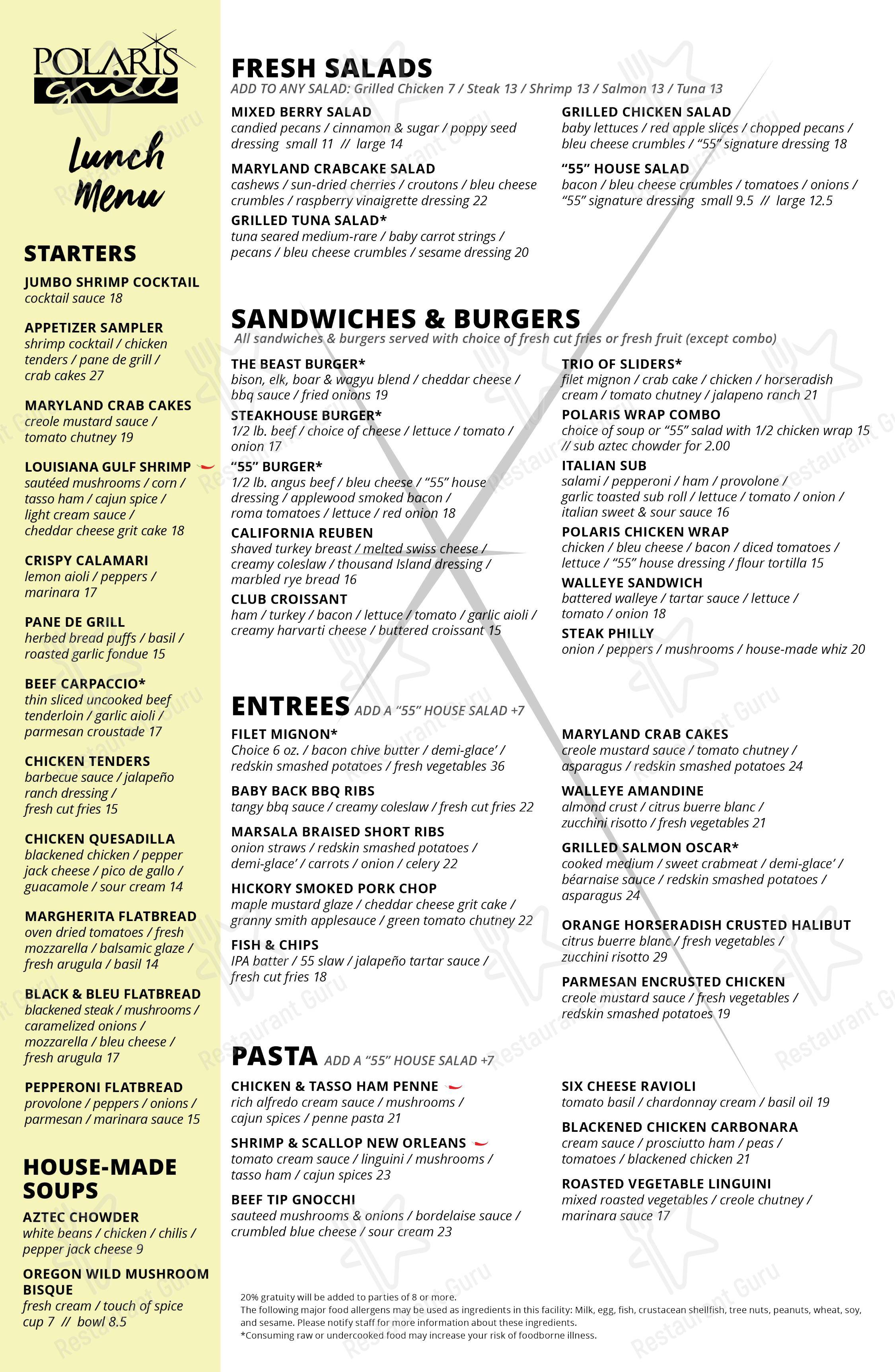 Menu at Polaris Grill restaurant, Columbus, Polaris Pkwy