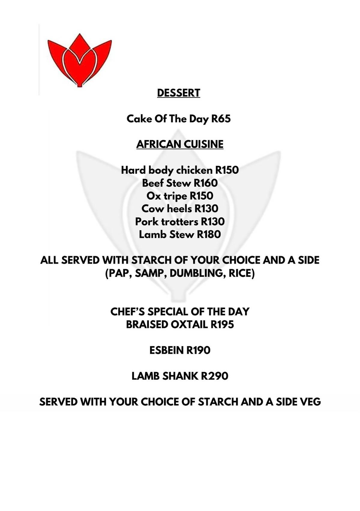 Menu at Tuscan Place Restaurant, Polokwane