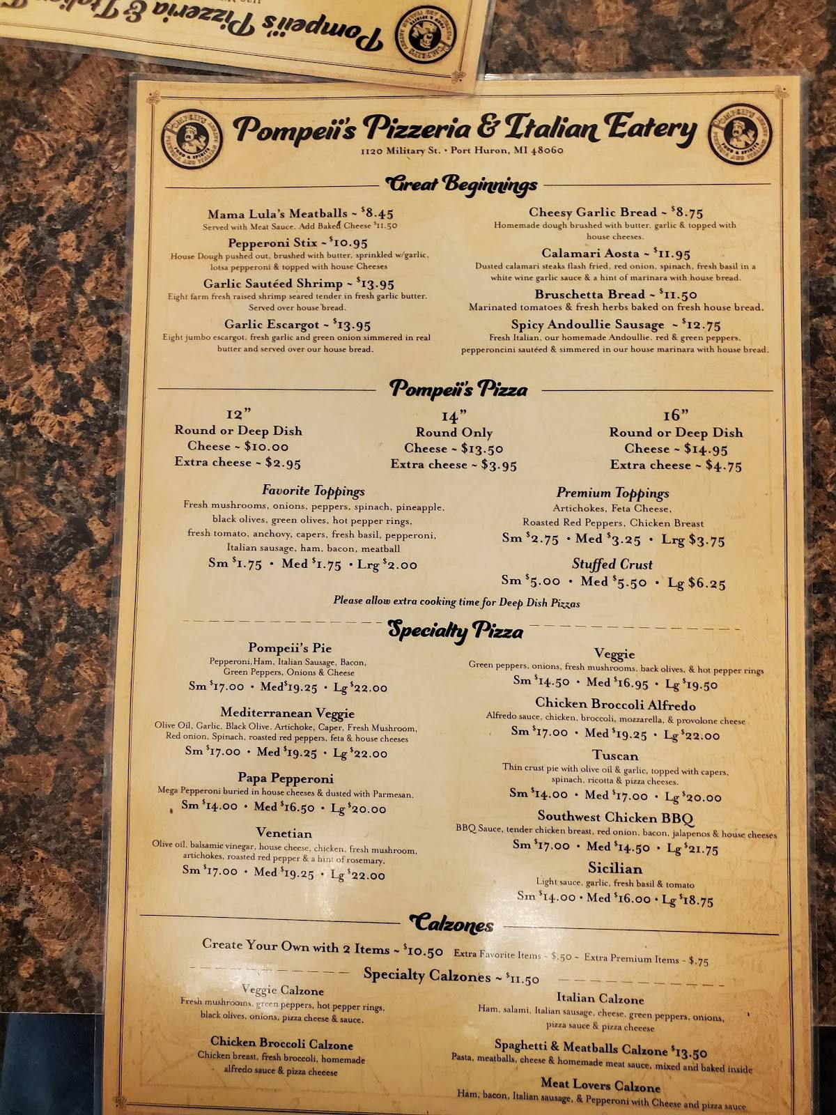 Menu at Pompeii's Pizzeria & Italian Eatery, Port Huron