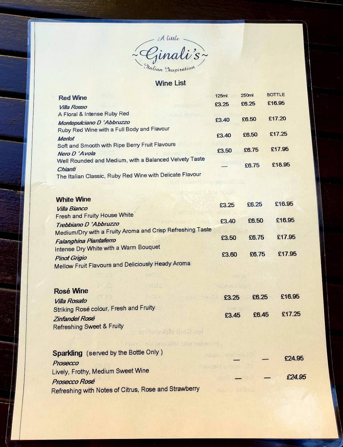 Menu at Ginali's restaurant, Poole
