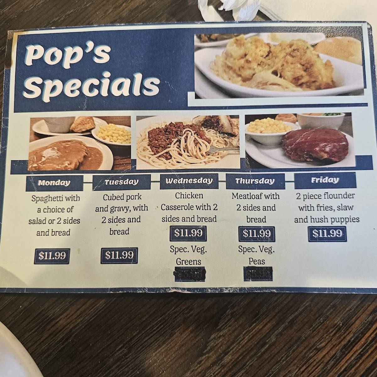 Menu at Pop's Restaurant, Kingsport