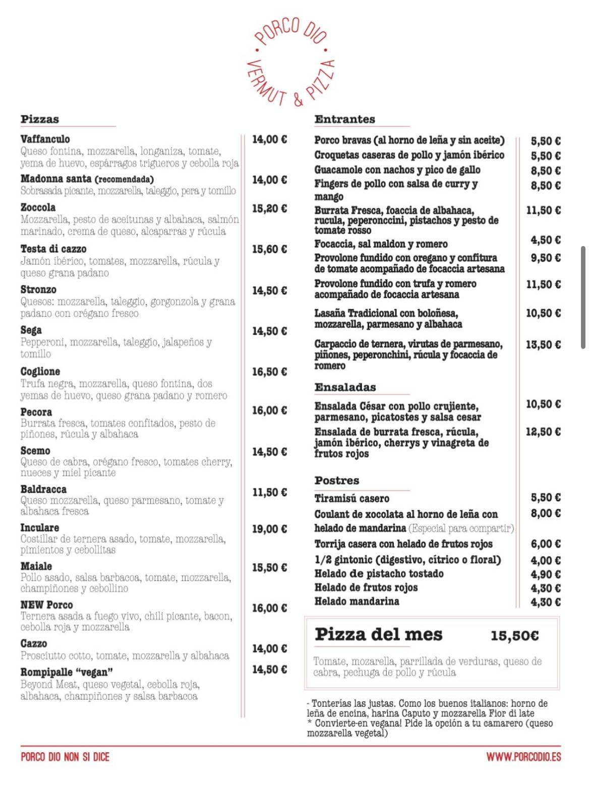 Menu at Porco Dio restaurant, Lleida