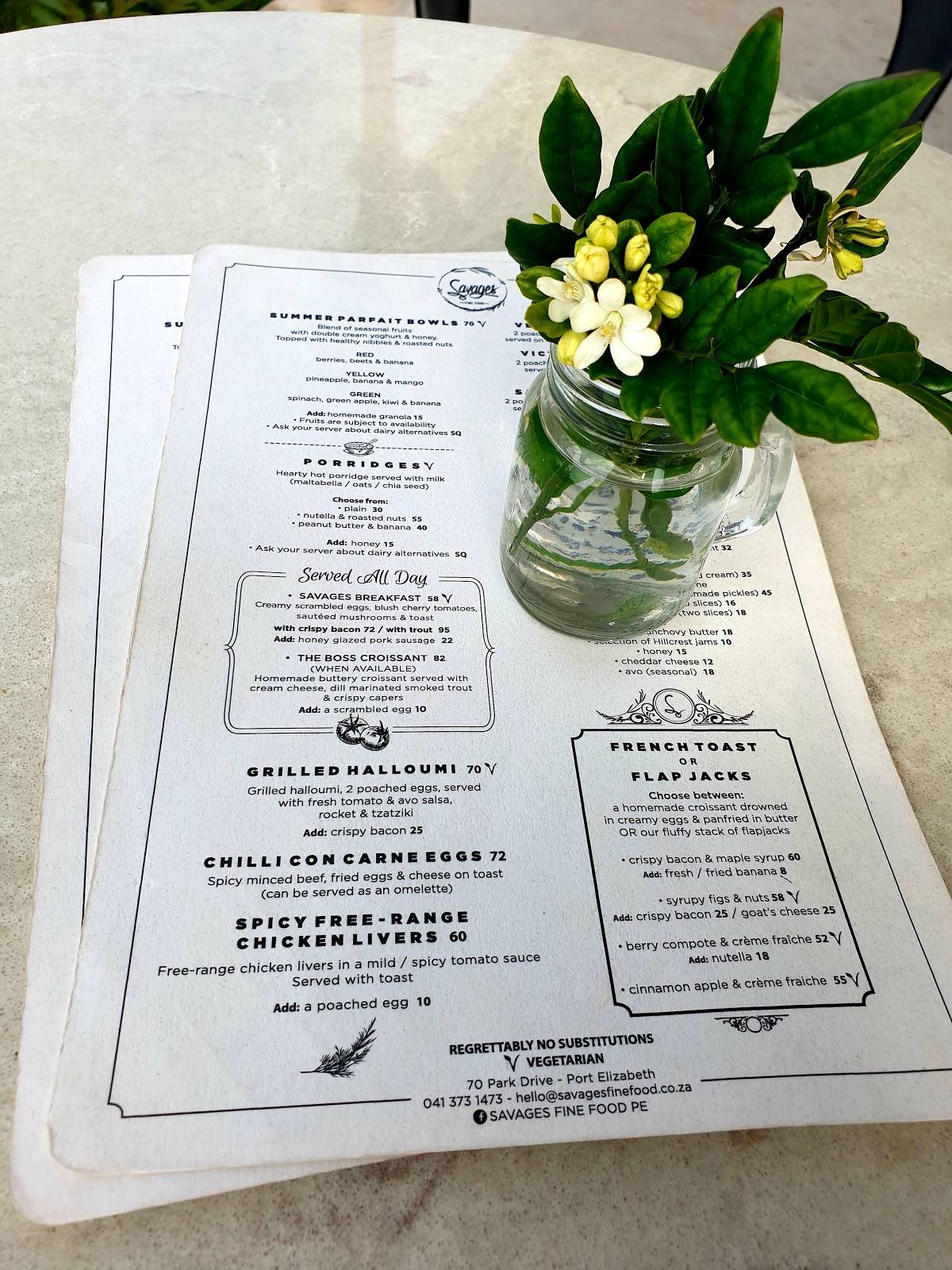 Menu at Savages Fine Food restaurant, Port Elizabeth