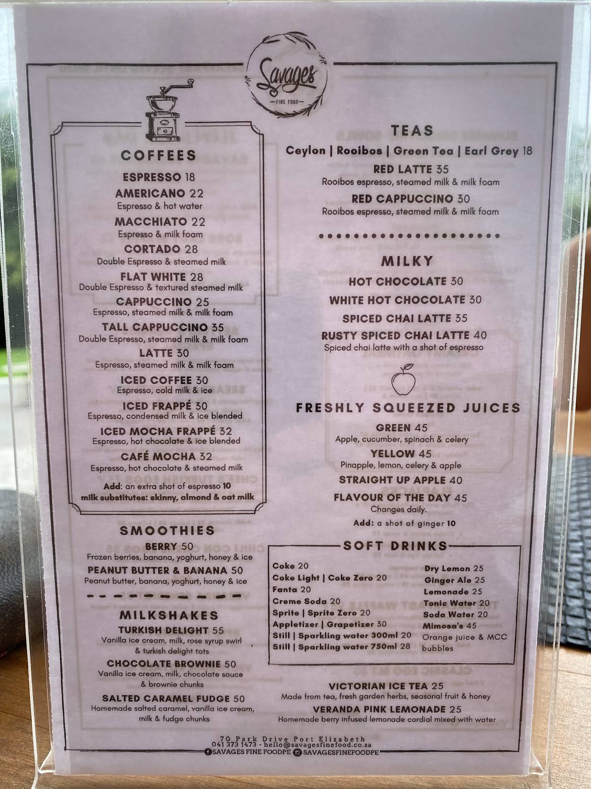Menu at Savages Fine Food restaurant, Port Elizabeth